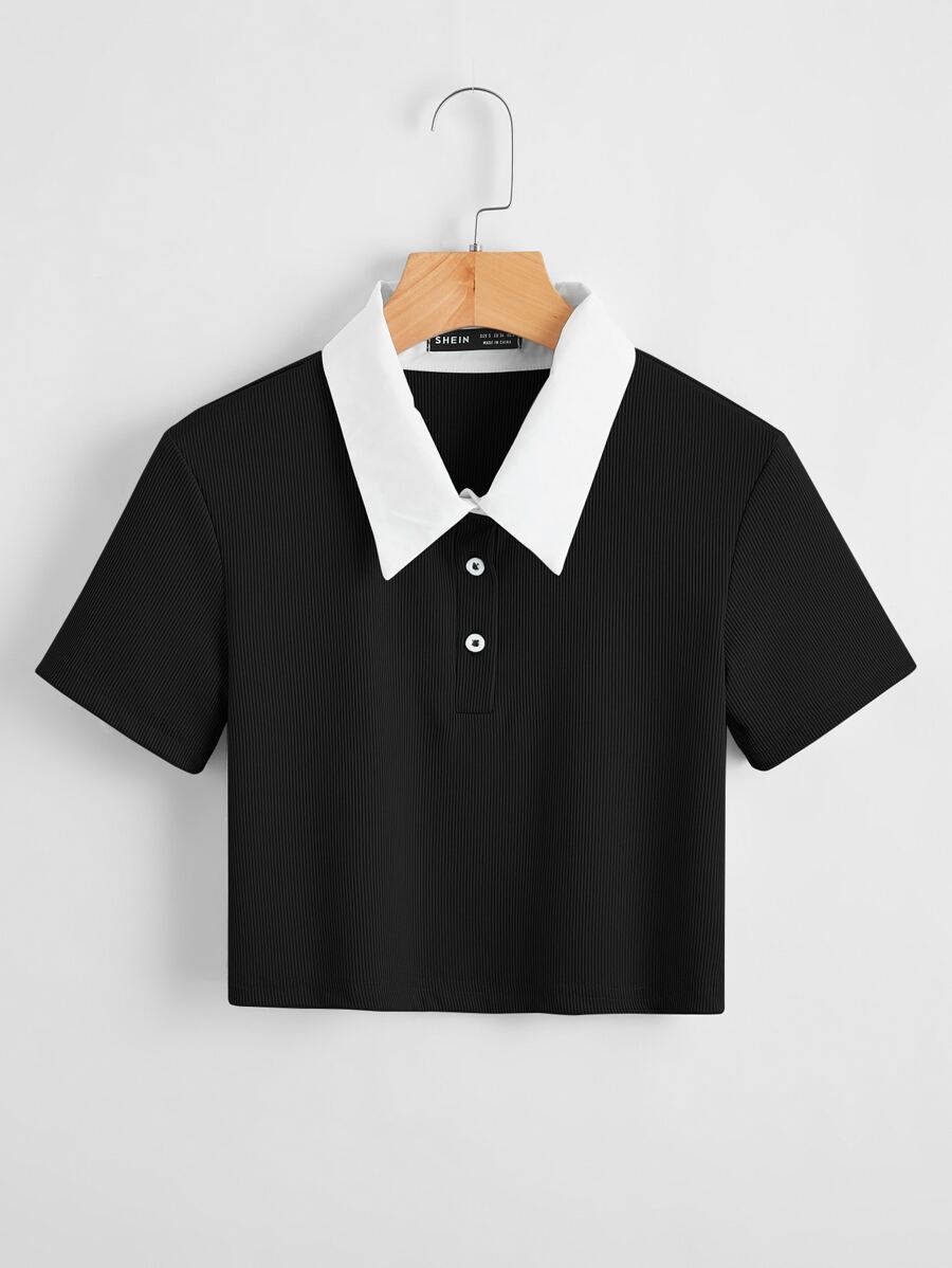 SHEIN Qutie Polo Neck Button Front Tee | SHEIN USA