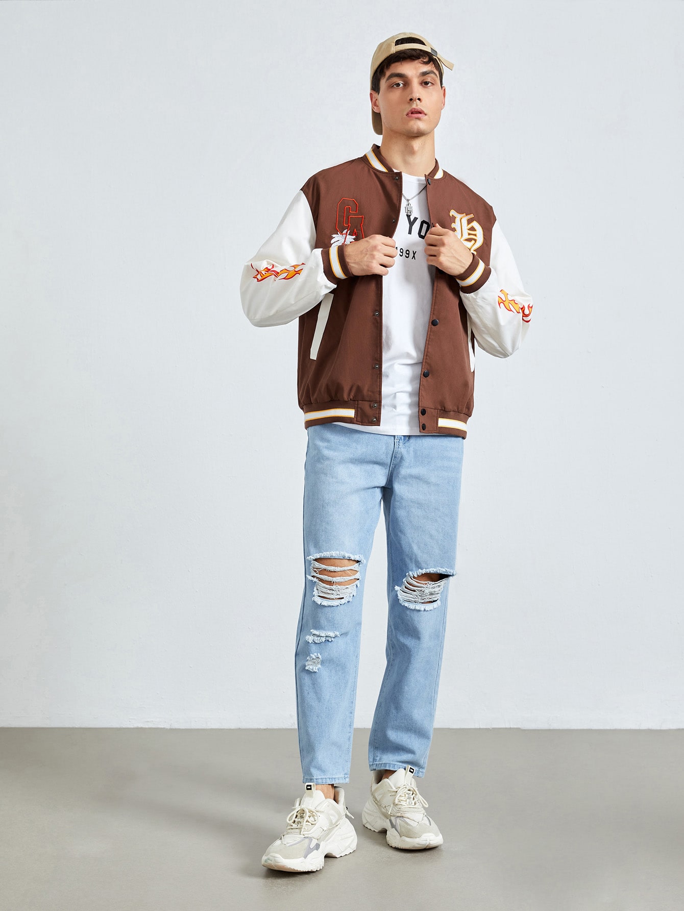SHEIN Men Fire & Letter Graphic Varsity Jacket | SHEIN UK