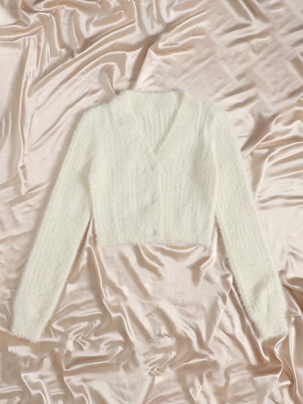 SHEIN Qutie Button Front Fuzzy Knit Cardigan | SHEIN USA