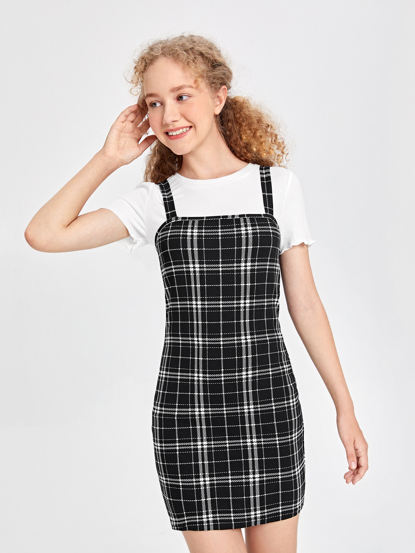 SHEIN Teen Girls Tee & Plaid Pinafore Dress Set