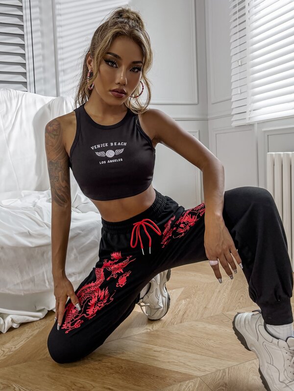 Drawstring Waist Chinese Dragon Graphic Sweatpants | SHEIN USA