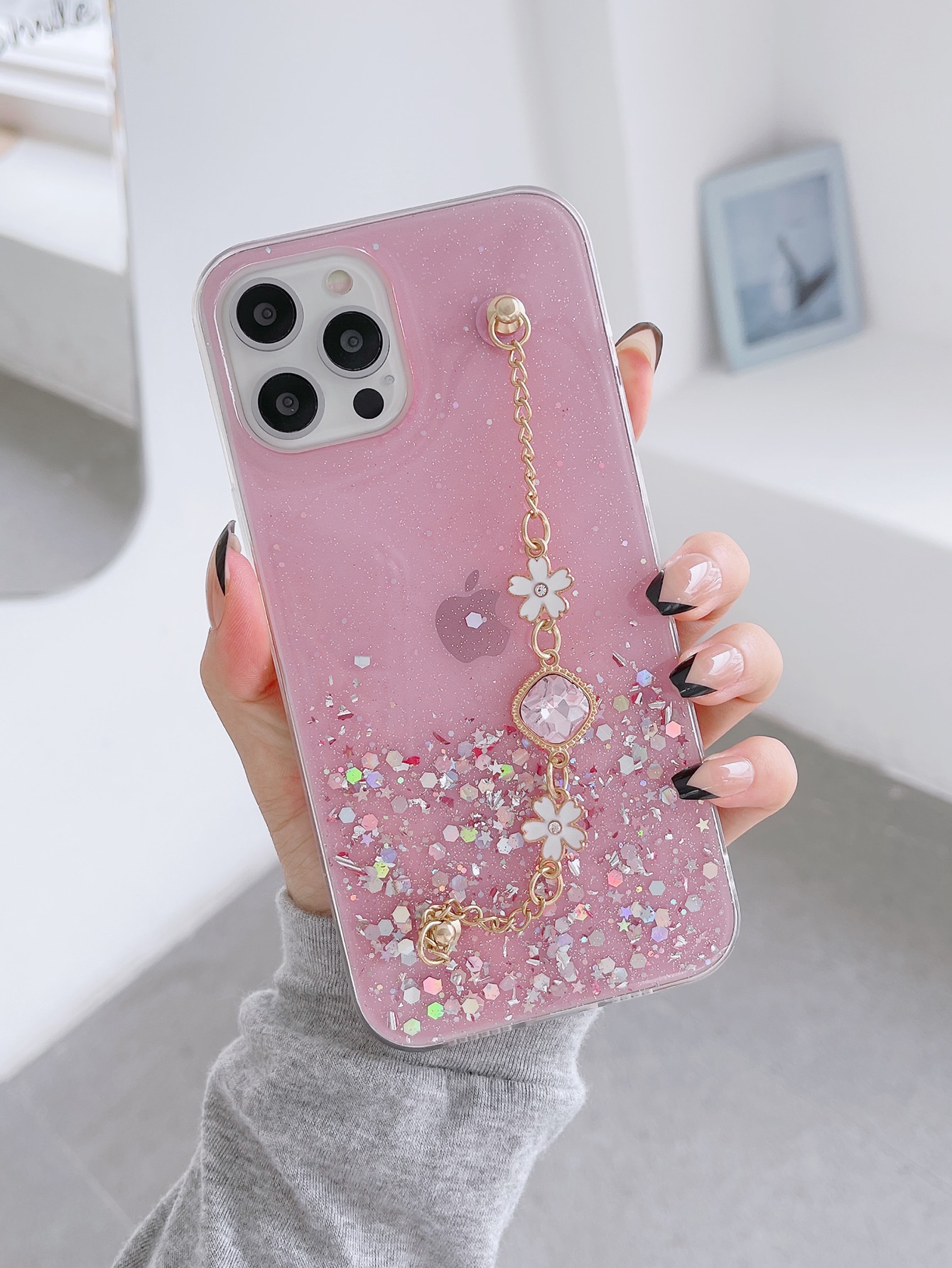 Flower Hand Strap Sequin Decor Phone Case
