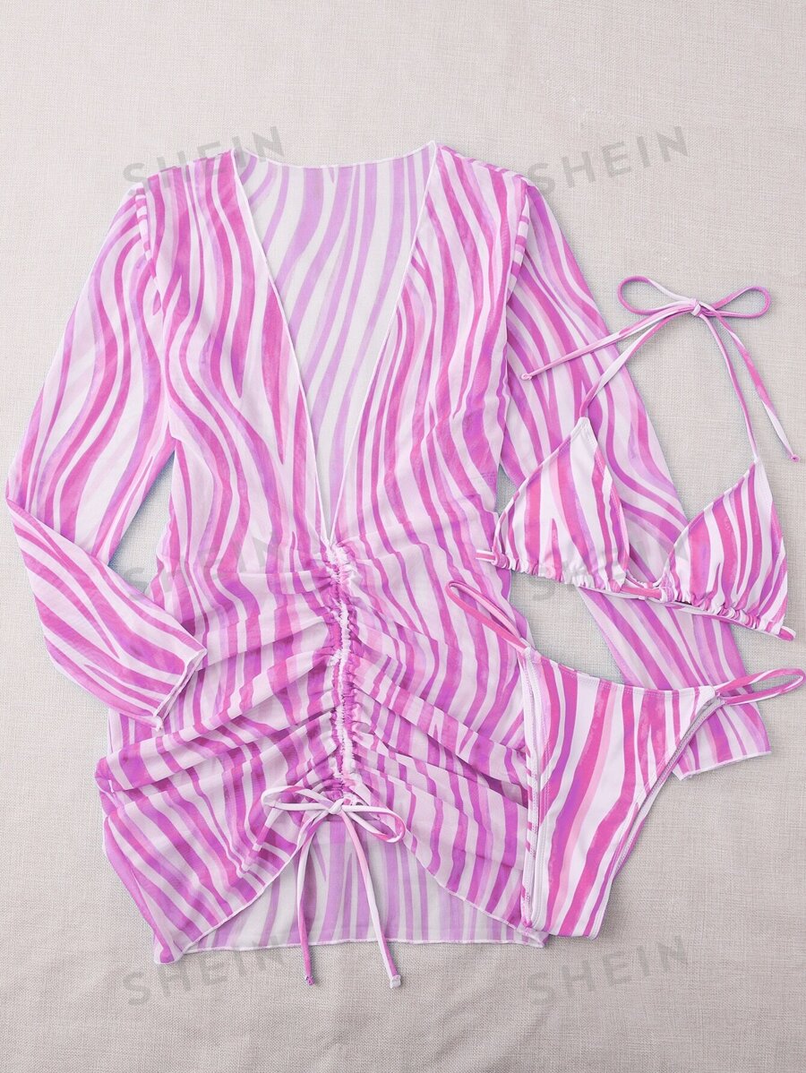 Shein Swim Vcay Conjunto De Biquíni Listrado Cabresto Triângulo Sutiã