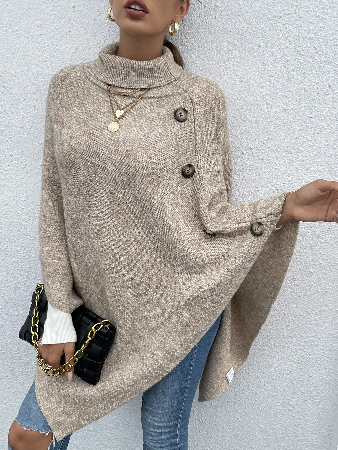 Funnel Neck Button Asymmetrical Hem Cloak Sweater