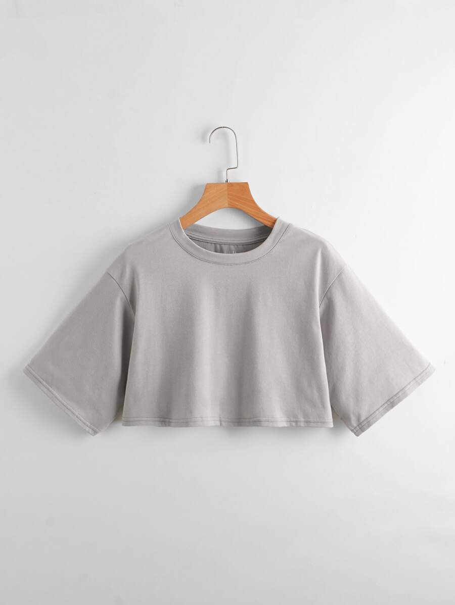 INAWLY Solid Drop Shoulder Crop Tee | SHEIN USA
