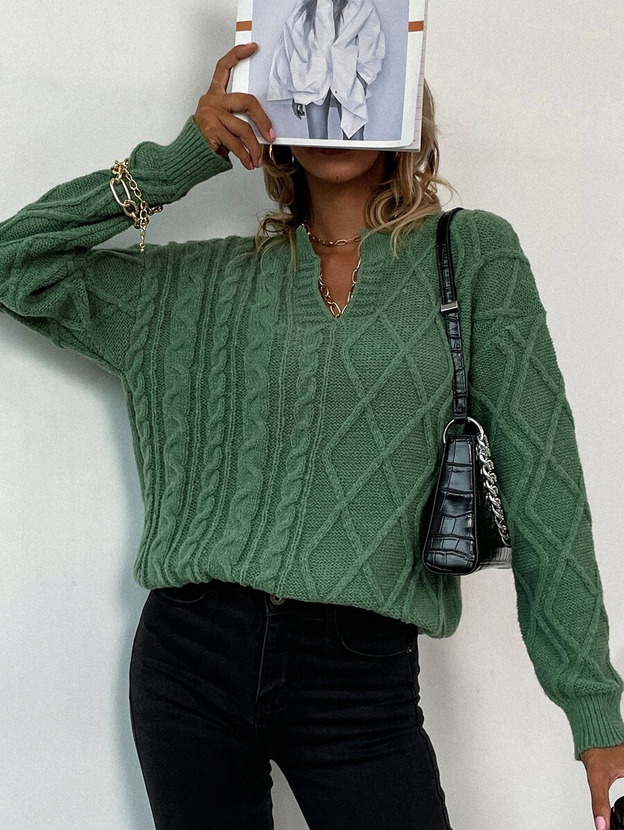 SHEIN Essnce Solid Stand Collar Cable Knit Sweater | SHEIN USA