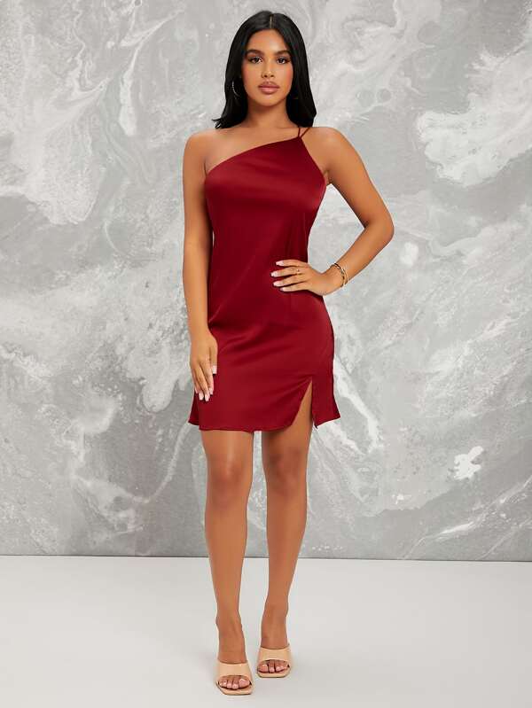 SHEIN Satin One-Shoulder Open-Back Dress | SHEIN