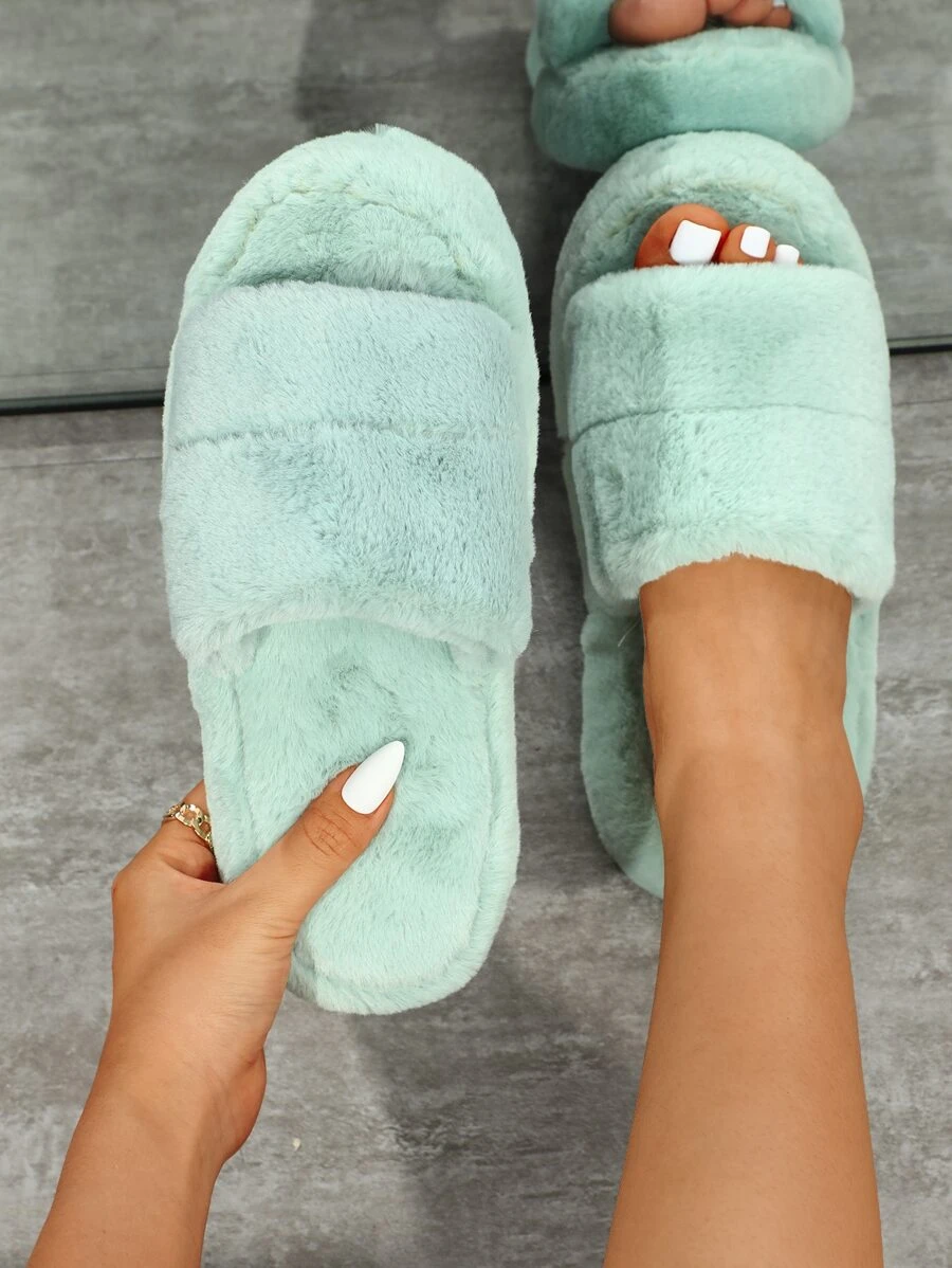 Open Toe One Strap Fluffy Women Fluffy Slippers With Wedge Platform ...
