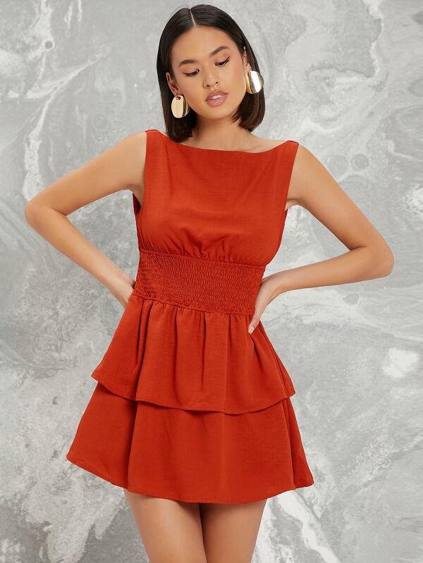 SHEIN Ruched Smocked Tiered Ruffled Mini Dress | SHEIN USA