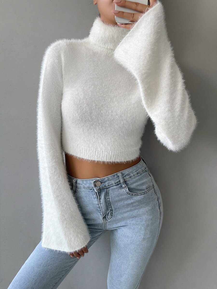 SHEIN Unity Rolled Neck Crop Fuzzy Sweater Knit Pullover Fall Winter ...