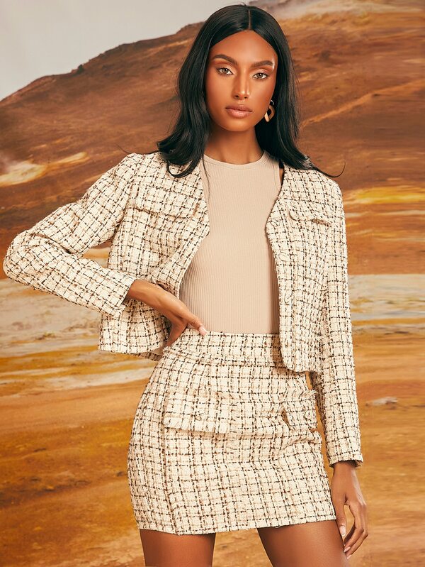 SHEIN X Penelope Ping Plaid Flap Detail Tweed Jacket | SHEIN UK