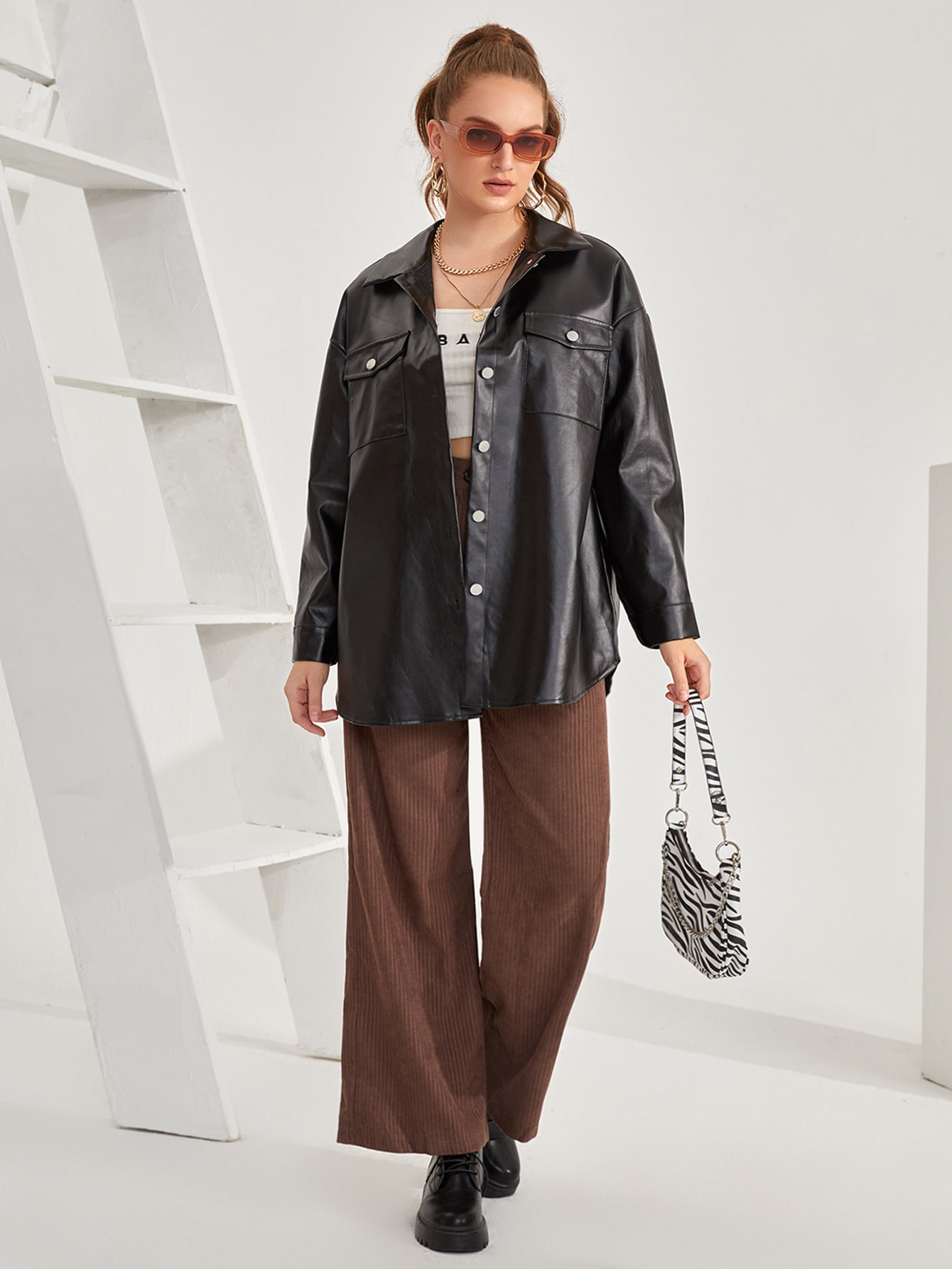 SHEIN Essnce PU Leather Flap Pocket Button Through Jacket | SHEIN UK