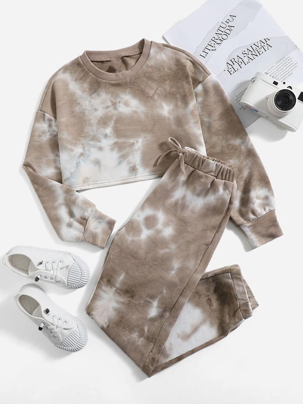 SHEIN Kids HYPEME Girls Drop Shoulder Tie Dye Pullover & Joggers Set ...