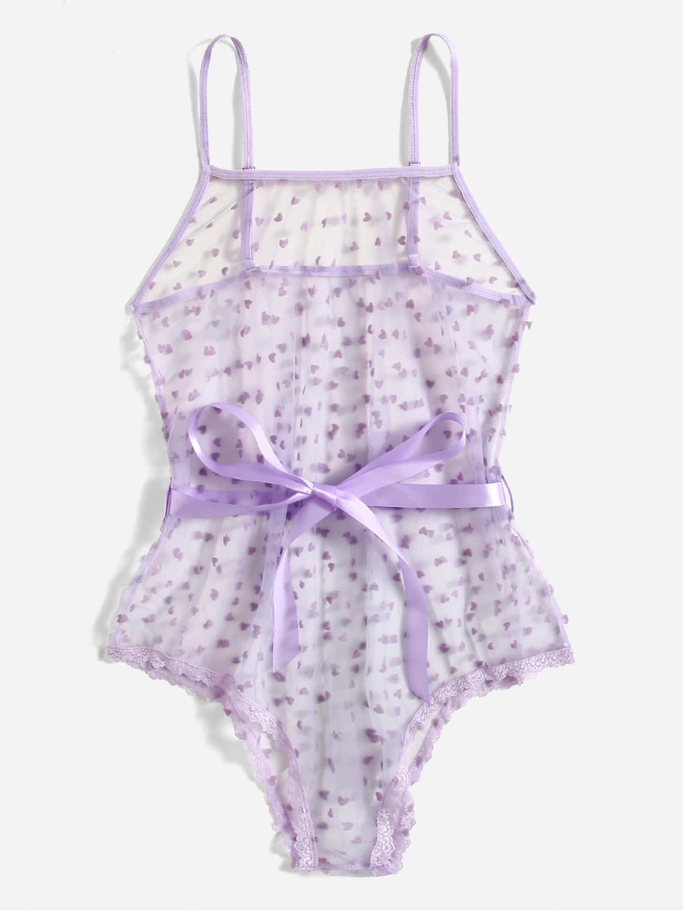 Our Heart Print Sheer Mesh Teddy Bodysuit is such a vibe - ROMWE