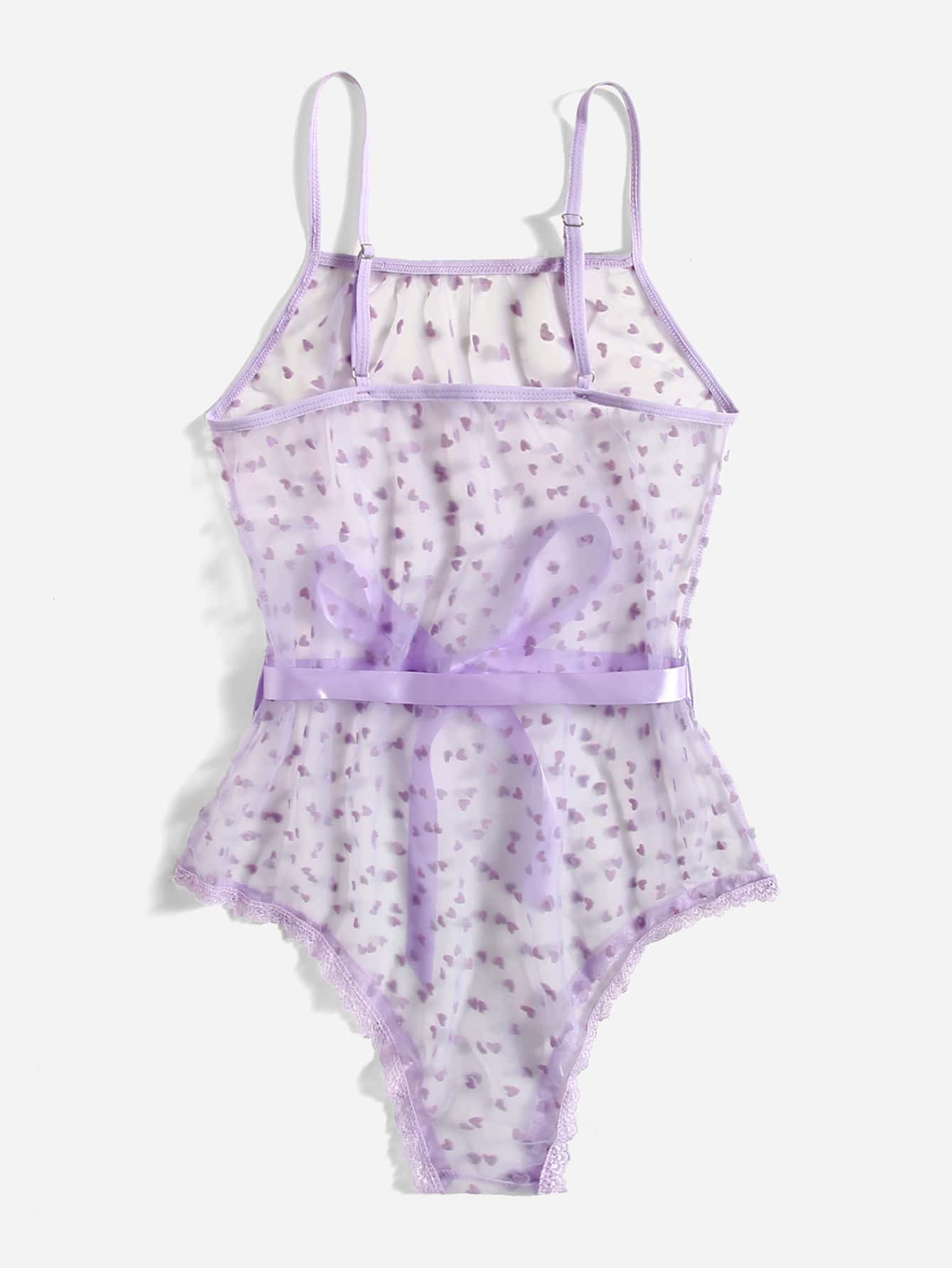 Our Heart Print Sheer Mesh Teddy Bodysuit is such a vibe - ROMWE