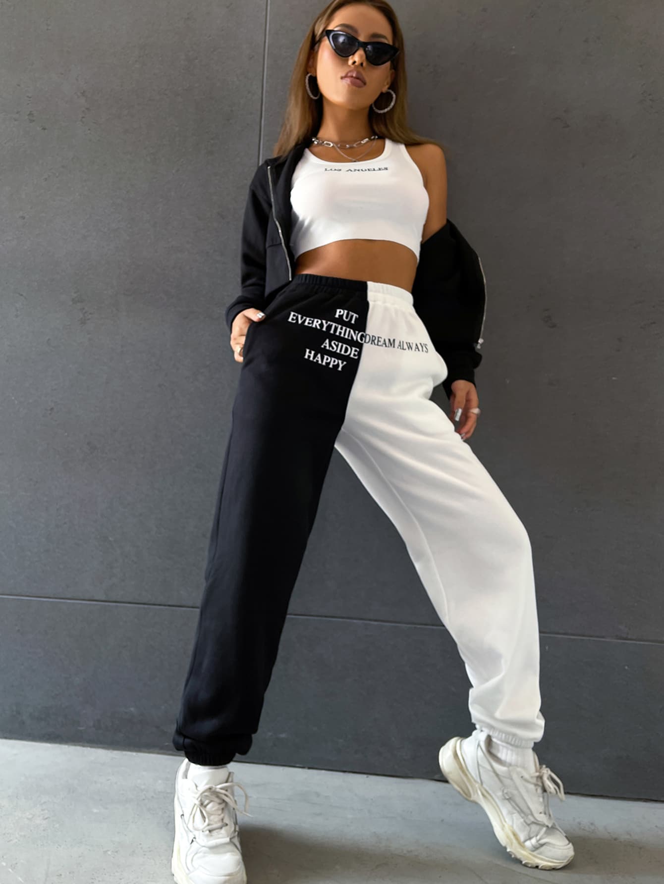 Slogan Graphic Two Tone Slant Pocket Sweatpants | SHEIN USA