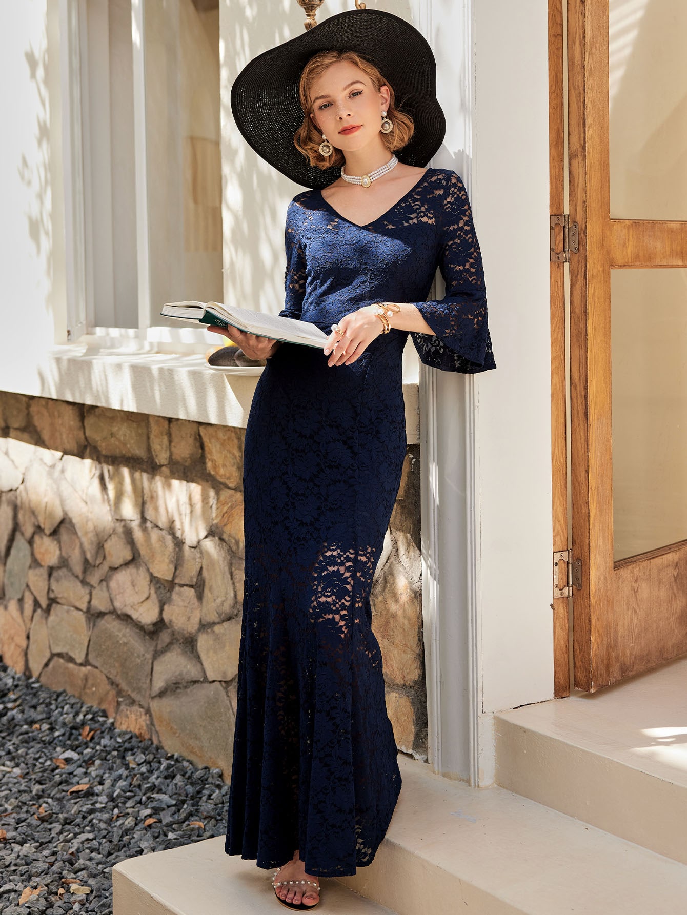 MIUSOL Sheer Yoke Bell Sleeve Lace Mermaid Hem Dress | SHEIN USA