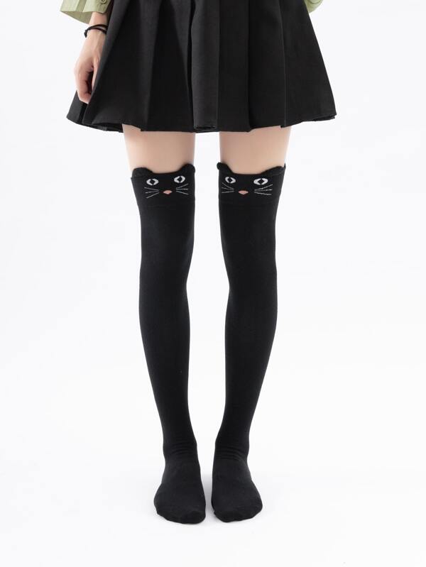 1pair Cute Cat Pattern Over The Knee High Socks | SHEIN USA
