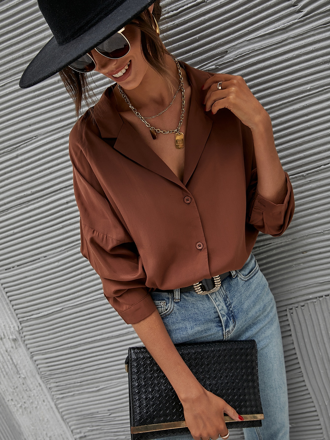 Camicie da donna Bottone frontale Colore unico Casual