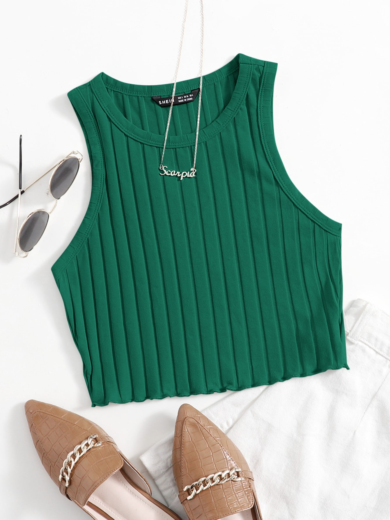 SHEIN Lettuce Trim Rib-knit Tank Top