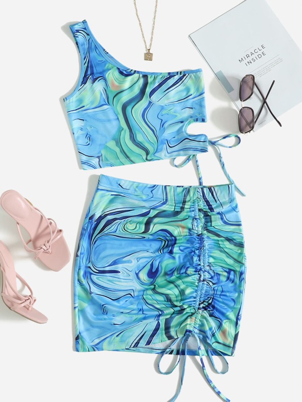 SHEIN ICON One Shoulder Marbled Print Top & Drawstring Side Skirt Set ...