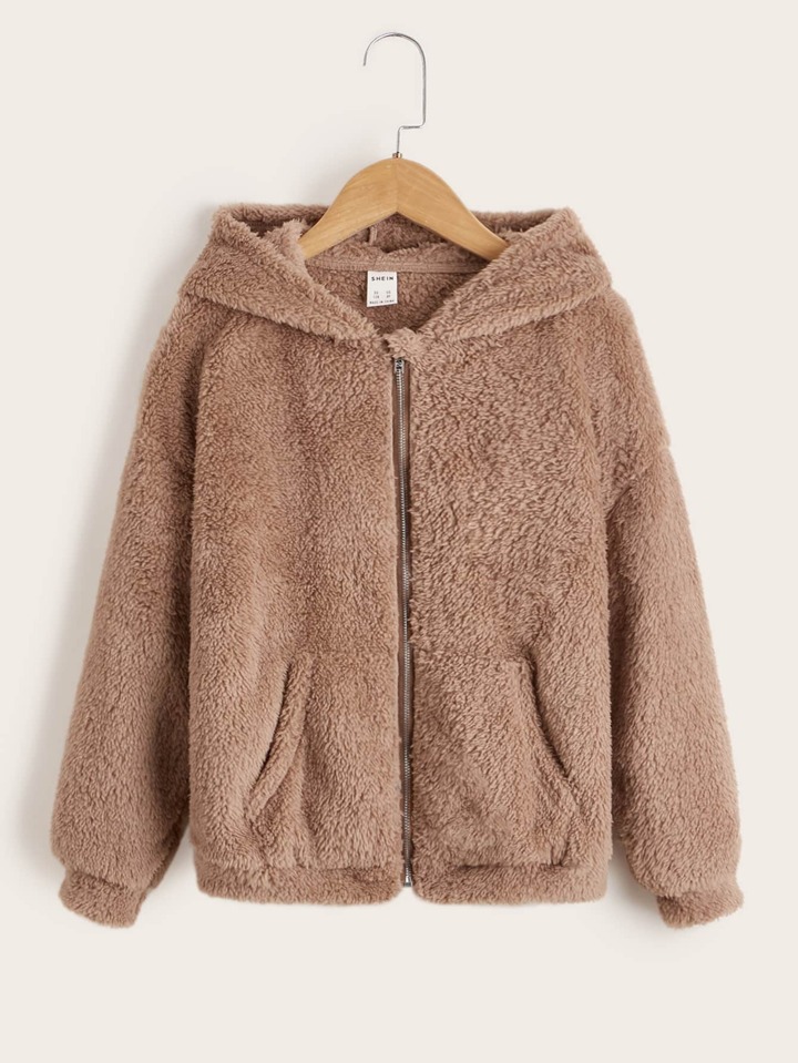 SHEIN Girls Zipper Front Teddy Jacket | SHEIN UK