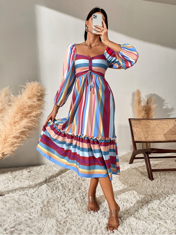 Block Stripe Drawstring Front Ruffle Hem Dress | SHEIN USA