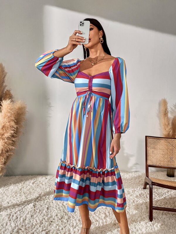 Block Stripe Drawstring Front Ruffle Hem Dress | SHEIN USA