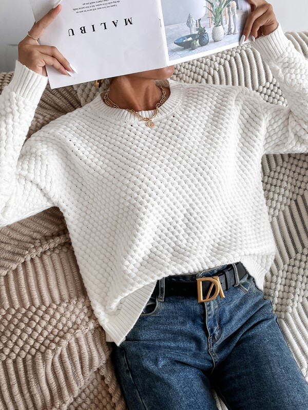 SHEIN Frenchy Solid Drop Shoulder Round Neck Sweater | SHEIN USA