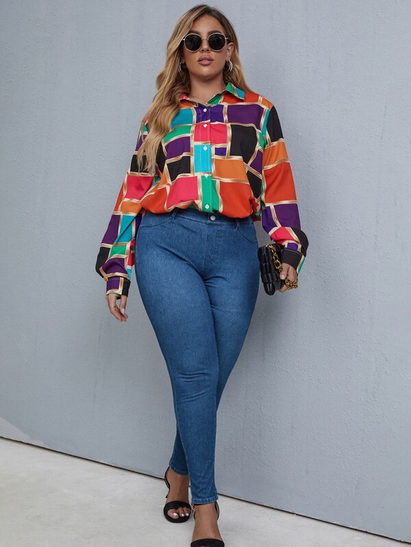 Plus Patchwork Print Collared Button Up Shirt | SHEIN USA