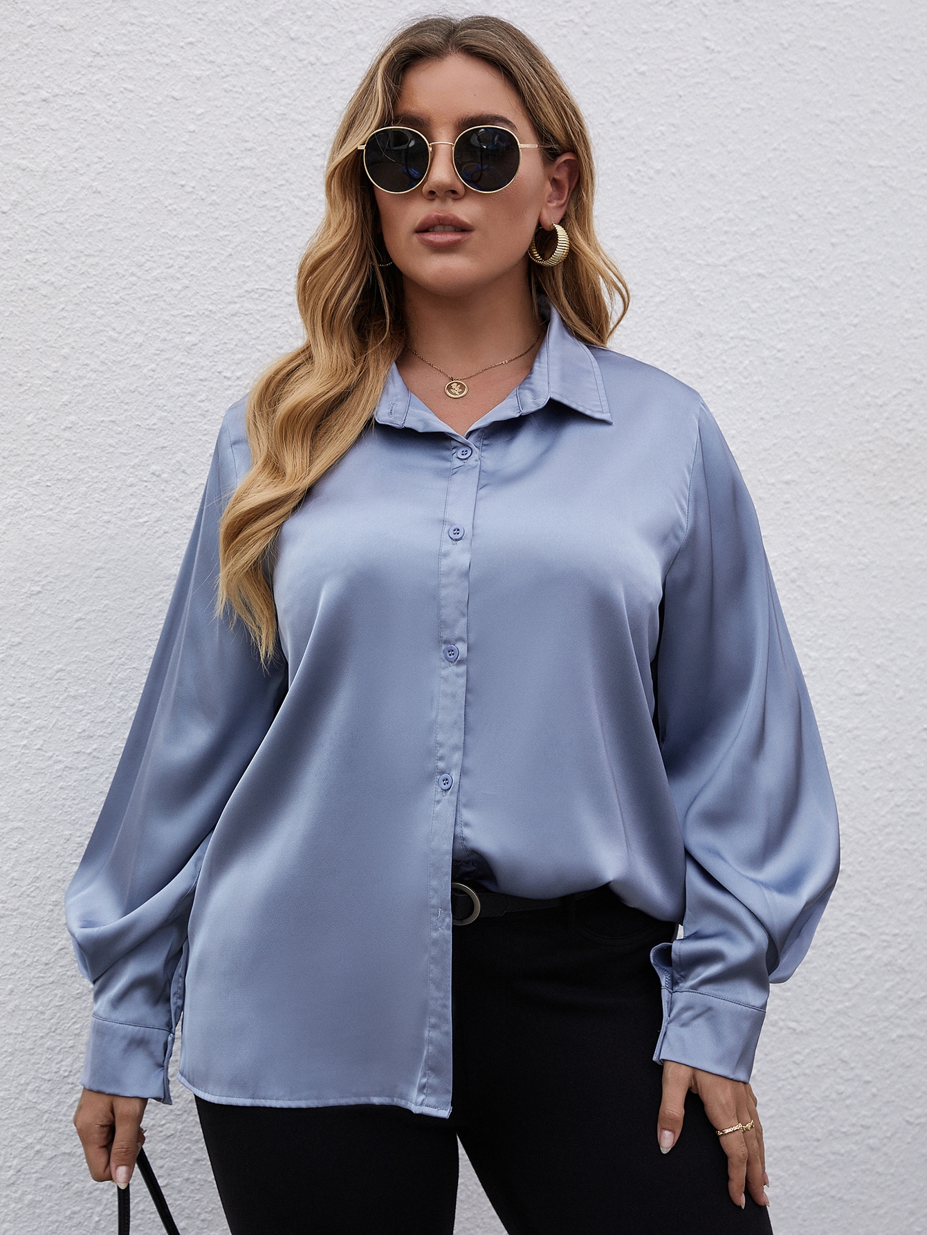 Plus Solid Bishop Sleeve Collared Button Up Blouse
