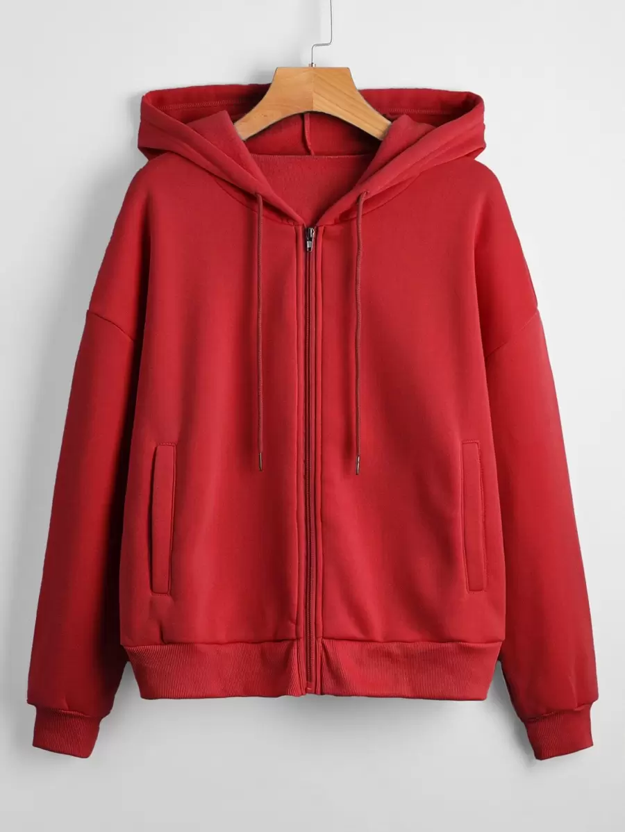 SHEIN LUNE Solid Zip Up Drawstring Drop Shoulder Hoodie | SHEIN USA