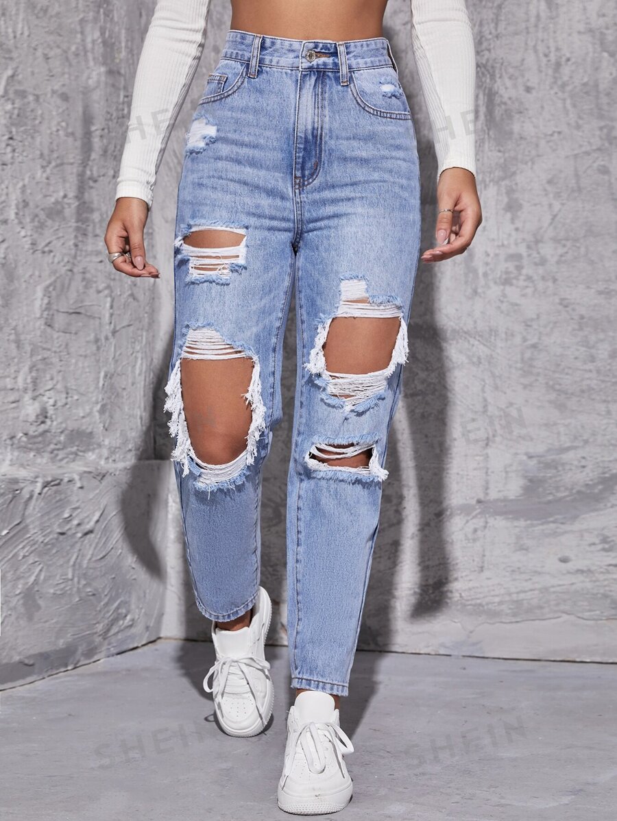 Shein Ezwear High Waist Straight Leg Ripped Jeans Shein Usa