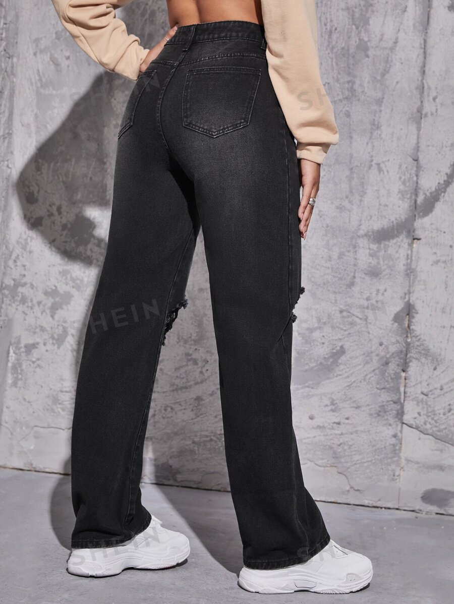 SHEIN High Waist Straight Leg Ripped Jeans | SHEIN UK