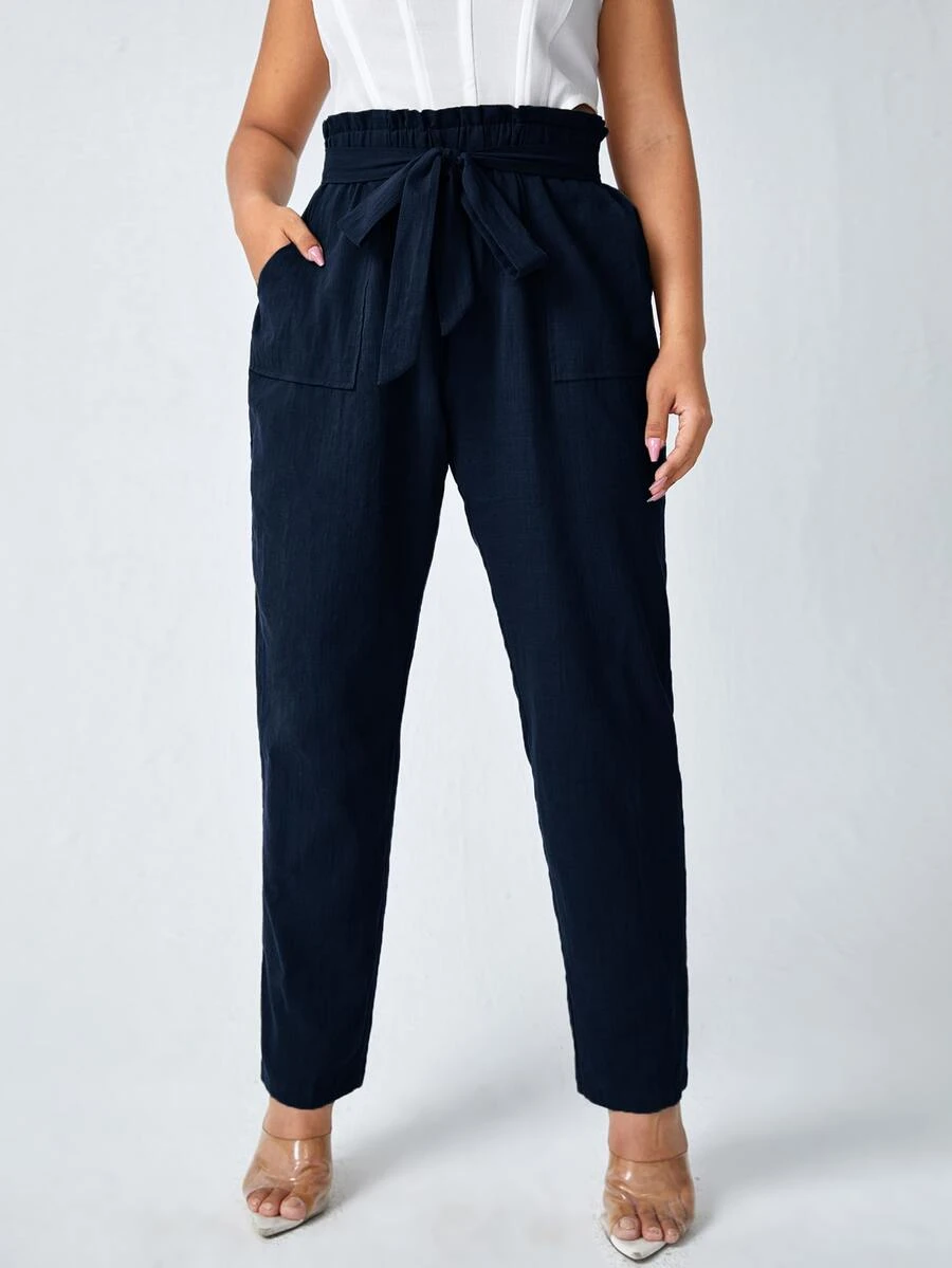 SHEIN Com cinto Bolso Paper Bag Pants Simples ocasional Calças plus ...