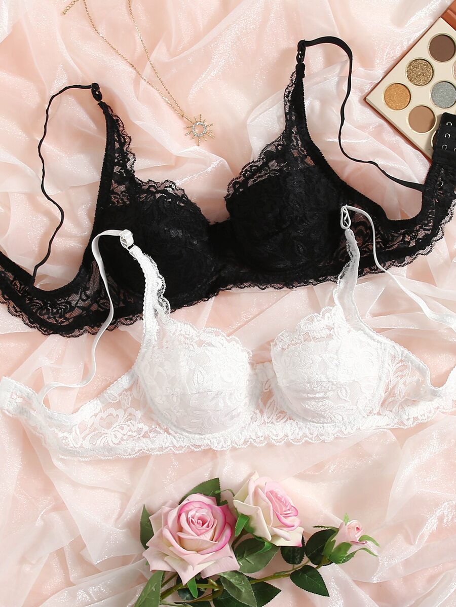 Shein Underwearandsleepwear Basics 2pack Floral Lace Underwire Bra Set