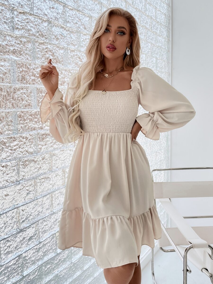 SHEIN Raffinéa Square Neck Shirred Bodice Flounce Sleeve Ruffle Hem Dress | SHEIN UK