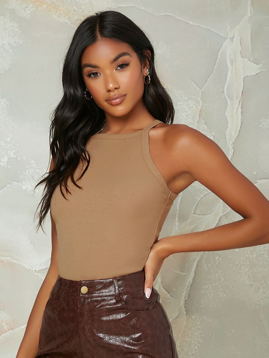SHEIN EZwear Ribbed Neon Pink Form-Fitting Halter Top | SHEIN USA