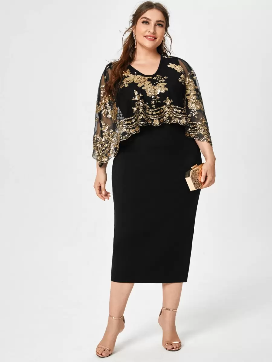 SHEIN Modely Malha Contraste Lantejoula Contraste Dividido Zíper Floral elegante Vestido de ...