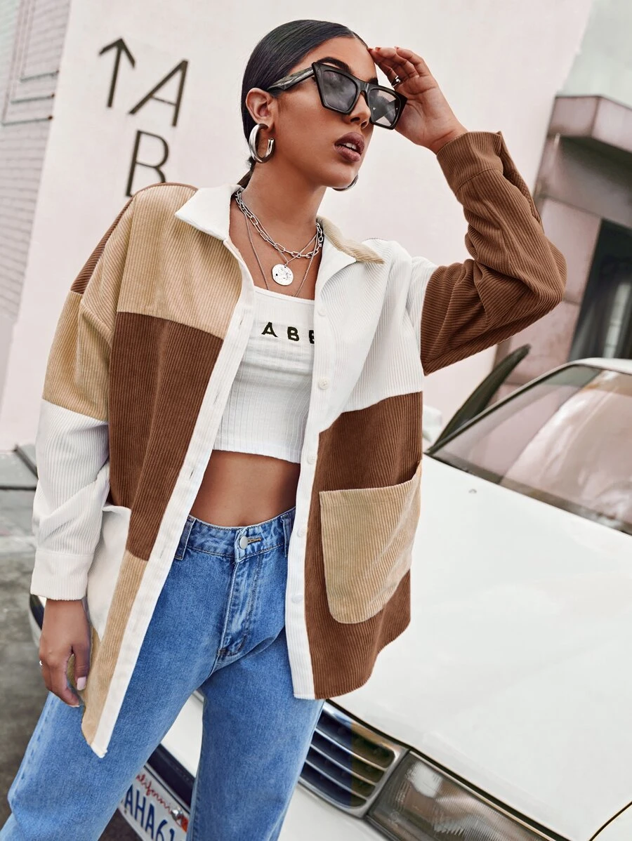 SHEIN EZwear Pocket Front Colorblock Cord Shirt | SHEIN USA