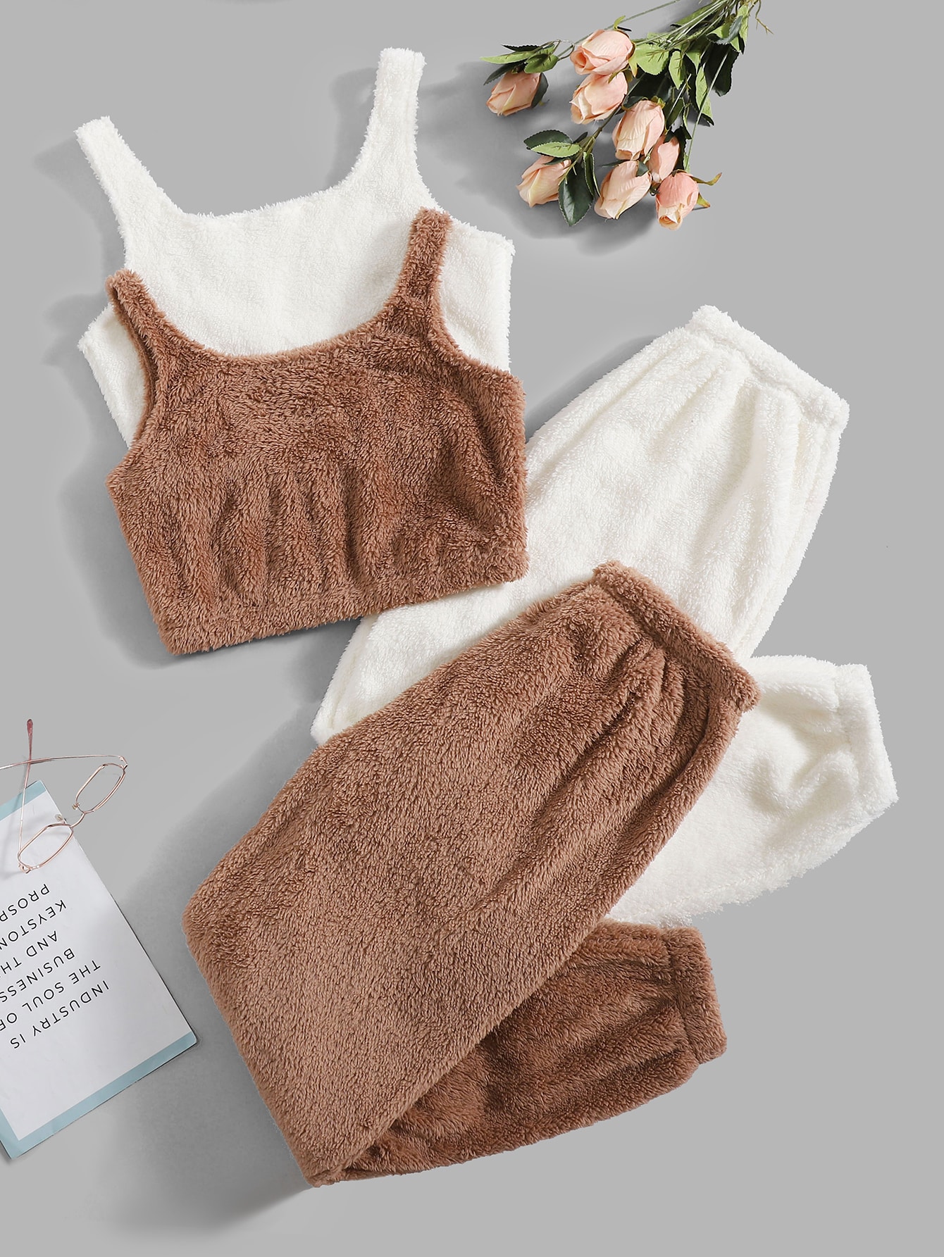 2sets Flannel Tank Top & Pants Lounge Set