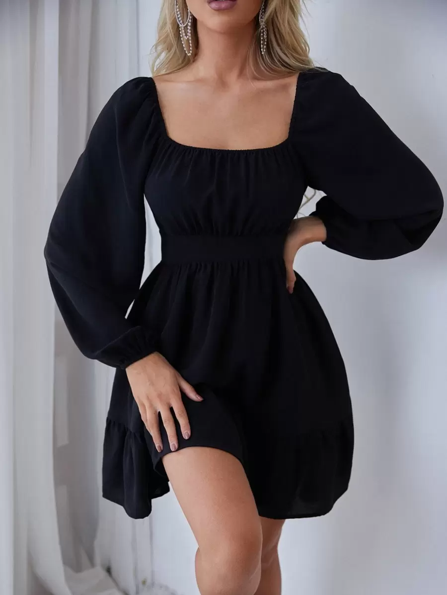 SHEIN Frenchy Ruched Lantern Sleeve Ruffle Hem Dress | SHEIN USA