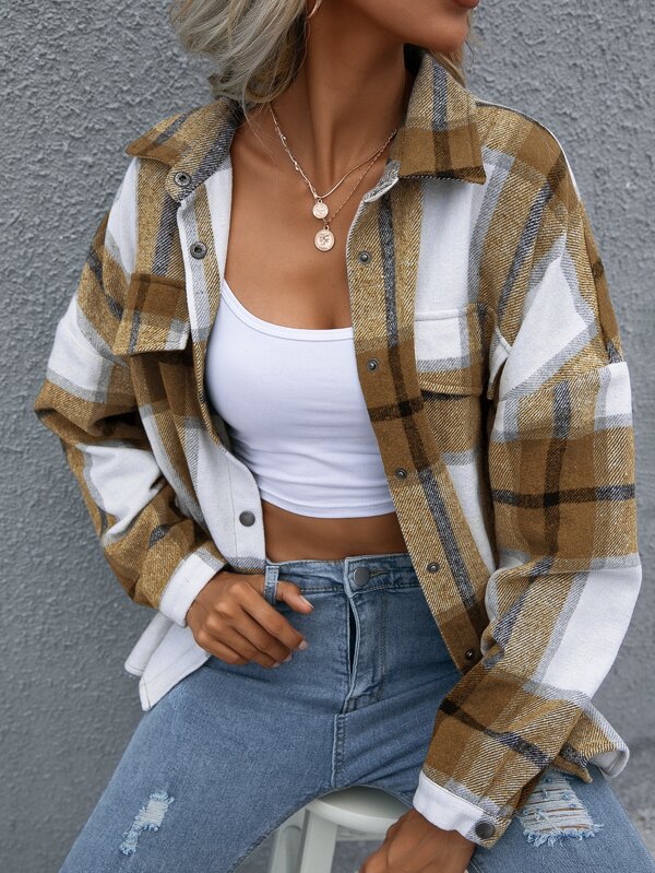 SHEIN LUNE Plaid Flap Pocket Drop Shoulder Jacket | SHEIN USA