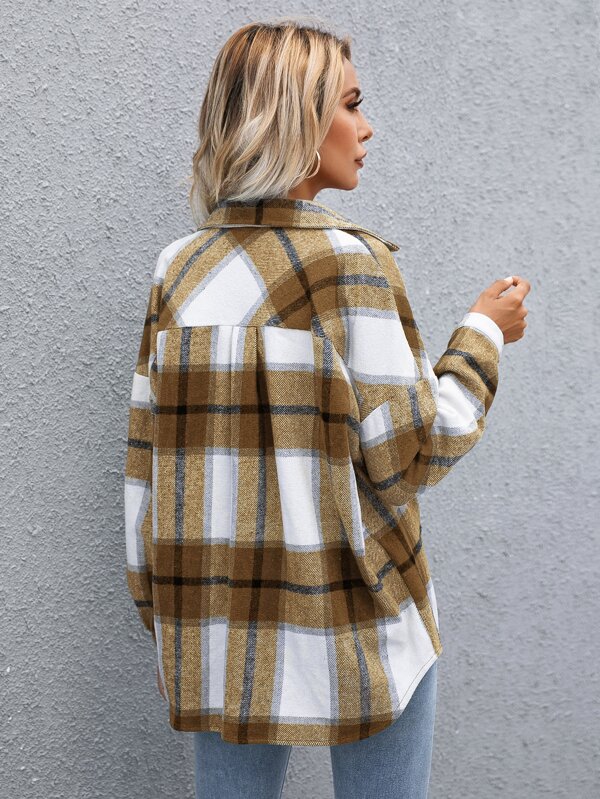 SHEIN LUNE Plaid Flap Pocket Drop Shoulder Jacket | SHEIN USA