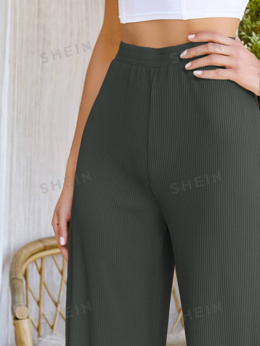 SHEIN LUNE Elastic Waist Rib-knit Wide Leg Trousers | SHEIN UK