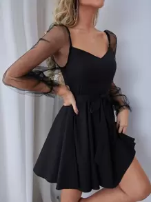 SHEIN Privé Sweetheart Neck Contrast Mesh Flare Hem Belted Dress ...