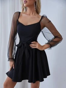 SHEIN Privé Sweetheart Neck Contrast Mesh Flare Hem Belted Dress ...