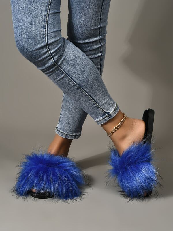 Minimalist Fluffy Slides,Women's Fashion Gradient Color Imitation Fox ...