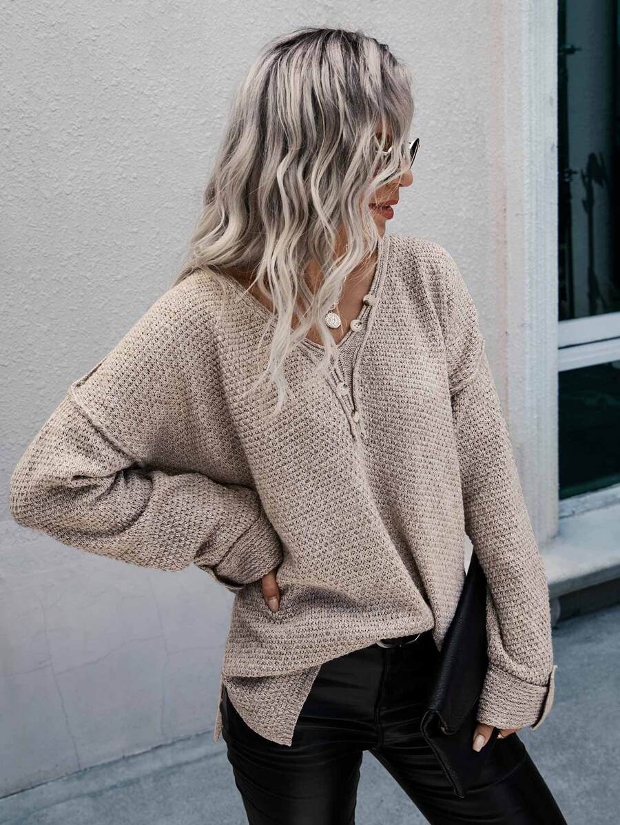 Solid Drop Shoulder Button Front Sweater | SHEIN USA