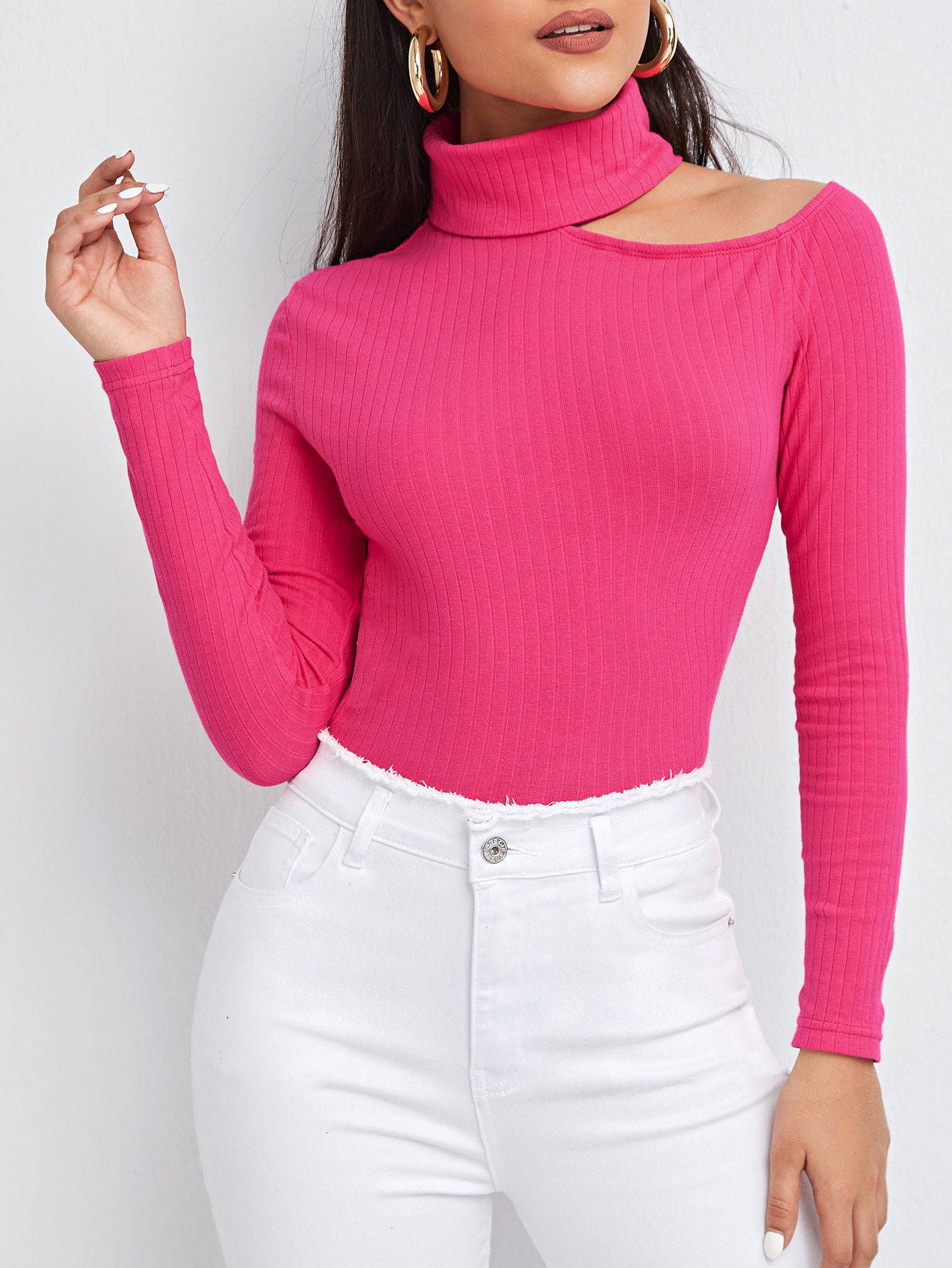 SHEIN Turtle Neck Cut Out Shoulder Rib-knit Top